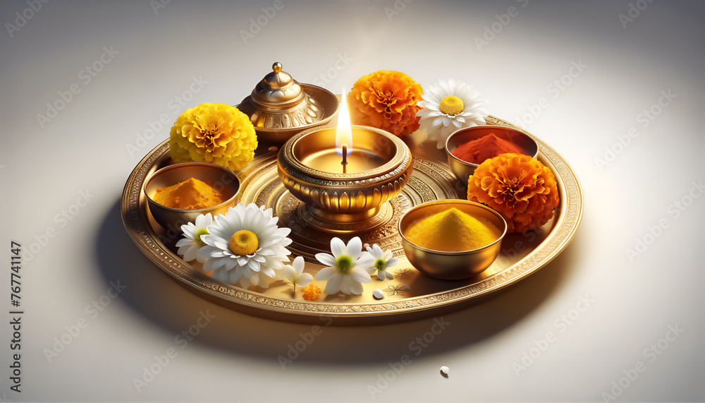 Traditional Puja Thali: 3D Digital Illustration for Hindu Rituals with ...