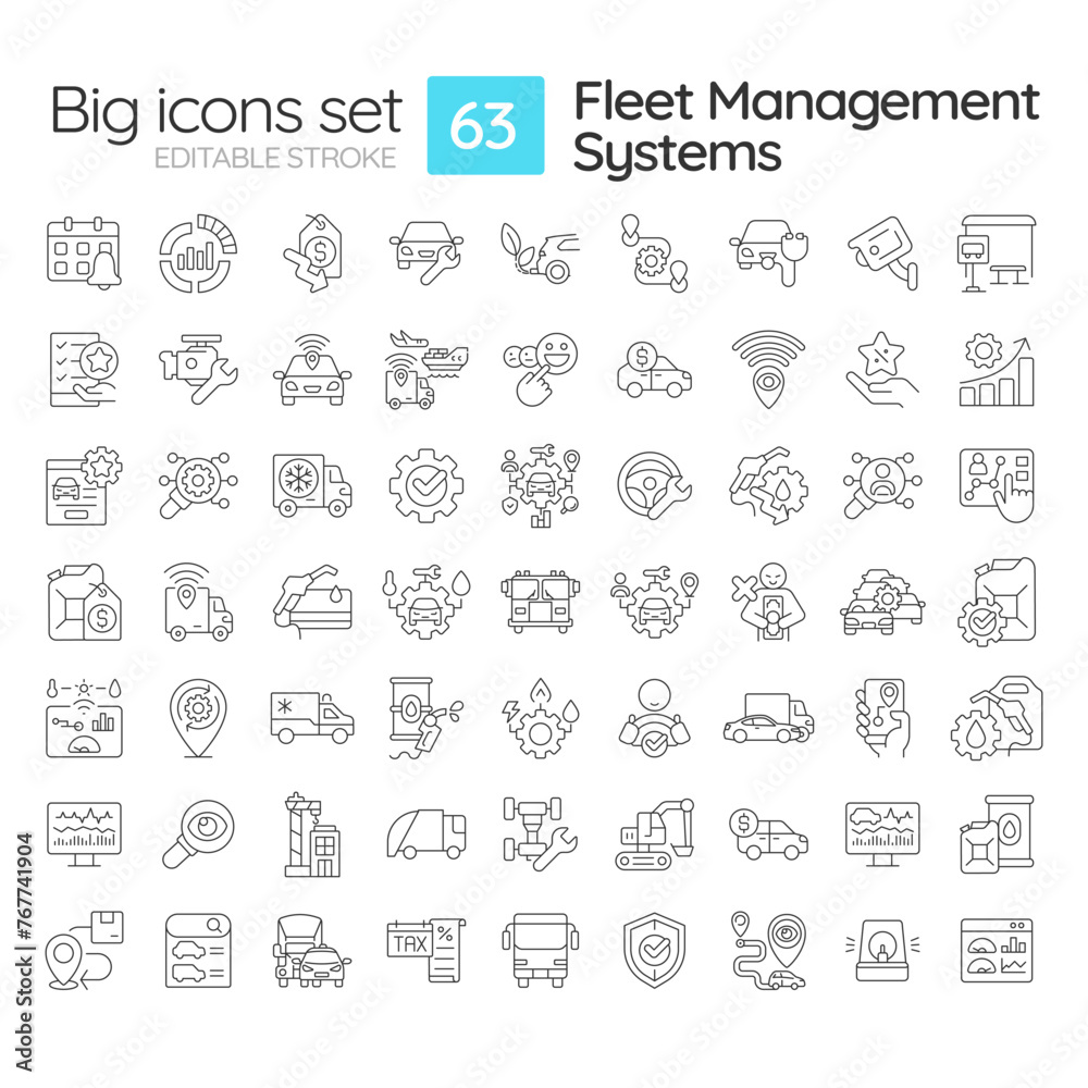 Fleet management systems linear icons set. Vehicle monitoring, car ...