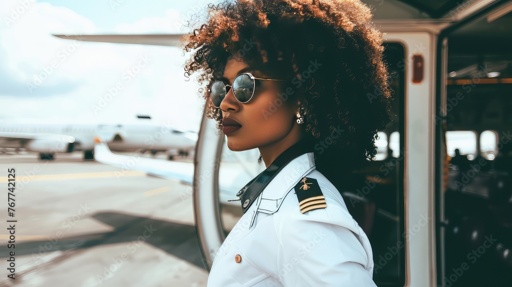 African American female pilot in uniform in sunglasses. In her ...