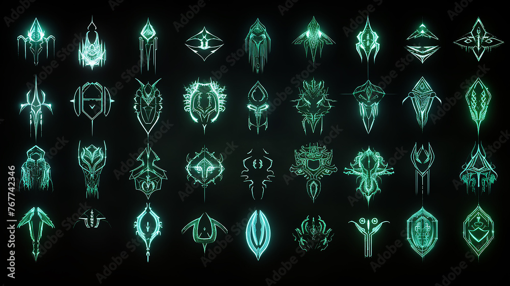 collection of runes, fictional icons of mystical magic, glowing set ...