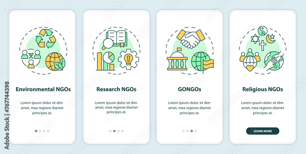 Types of NGOs onboarding mobile app screen. Non profit organizations ...