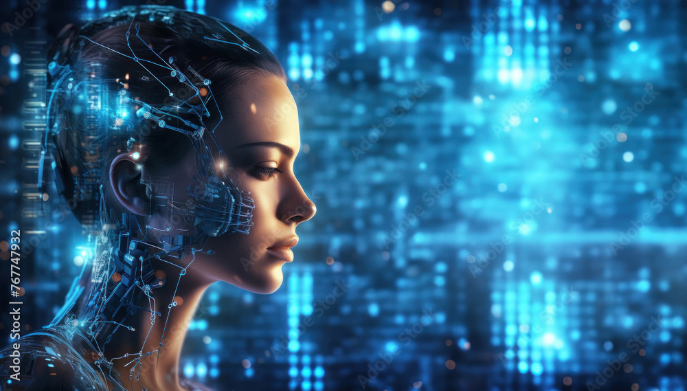 Intelligence artificielle, illustration d'une femme symbolisant les technologies du futur, image ...