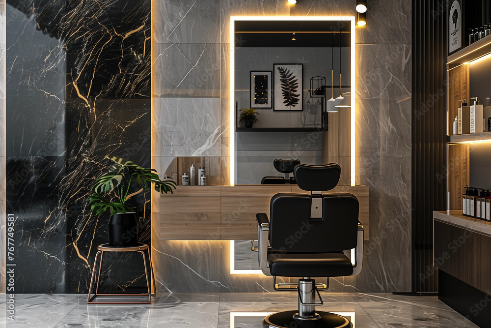 Modern and minimalist barber shop interior with a sleek black hair ...