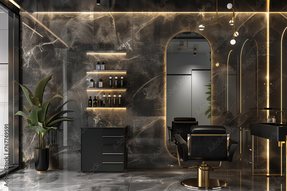 Luxury black and gold hair salon interior design, marble wall with ...