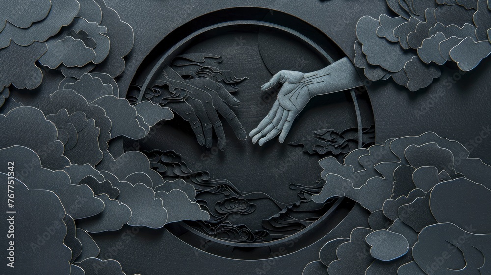 Paper art two hands reaching toward each other surrounded by clouds and ...