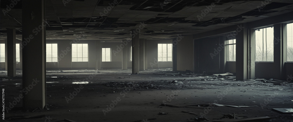 Inside a dark and dim abandoned building or public facility. Dark and ...