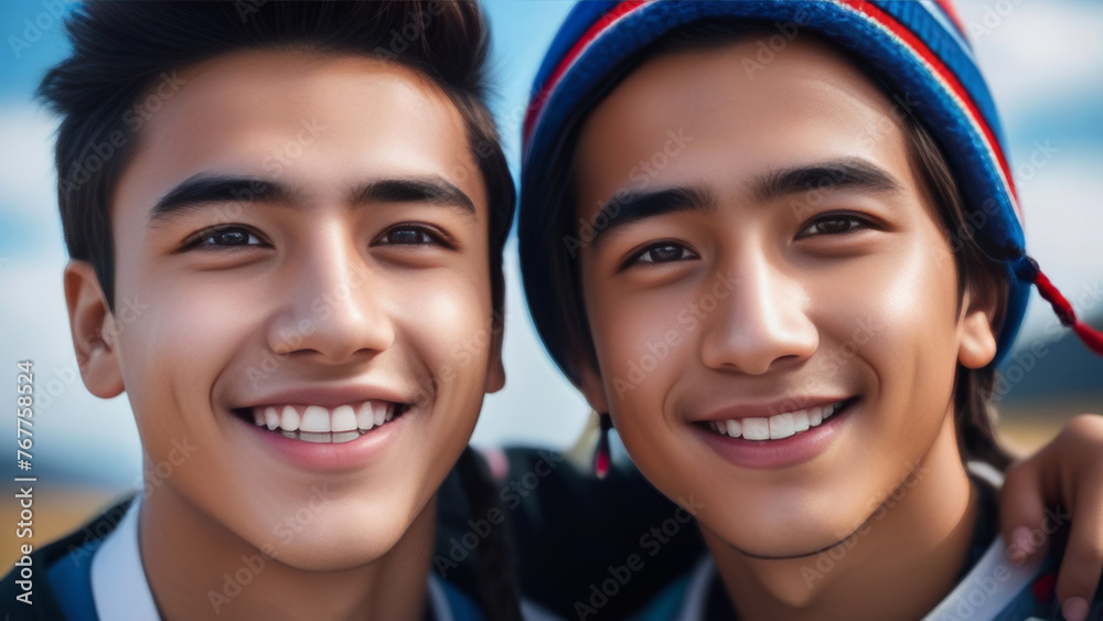 Portrait mongoloid teen kids. Happy cute asian friends on rustic sunny ...