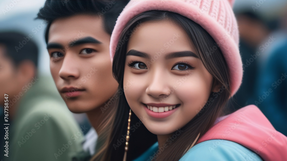 Portrait mongoloid teen kids. Happy cute asian friends on rustic sunny ...