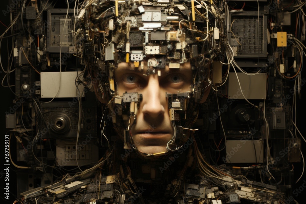 Overwhelming information data explode out of head of young human brain ...