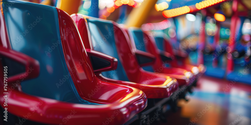 Empty red roller coaster seats at an amusement park. Close-up of Roller ...