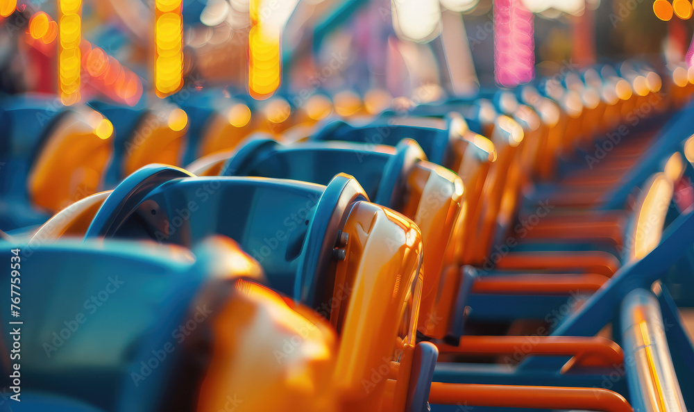 Empty roller coaster seats at an amusement park. Close-up of Roller ...