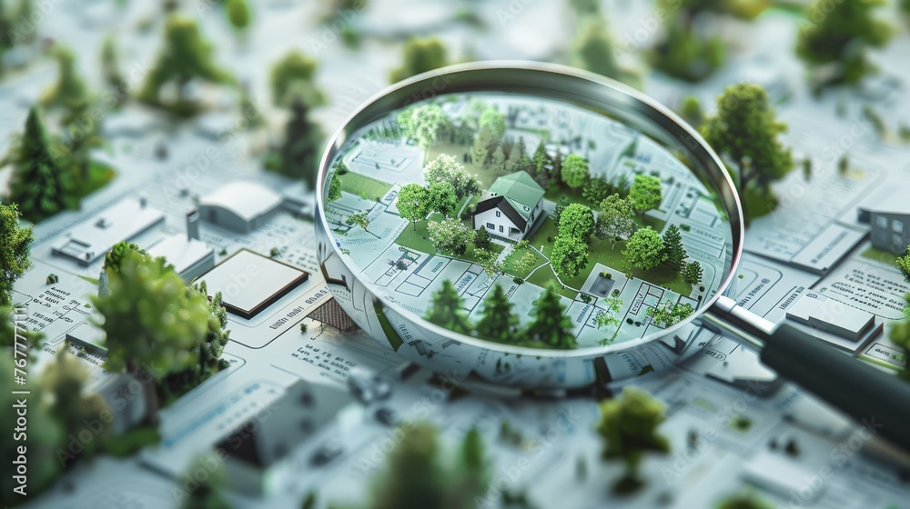 A magnifying glass over an aerial map of the city showing a house ...