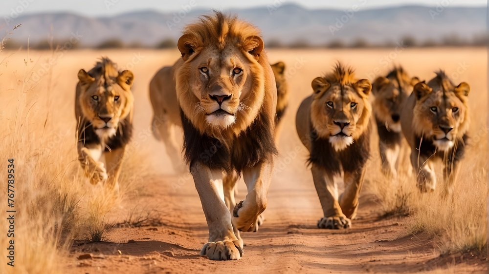 A lion pride prowling through the dry savanna towards the camera, with ...