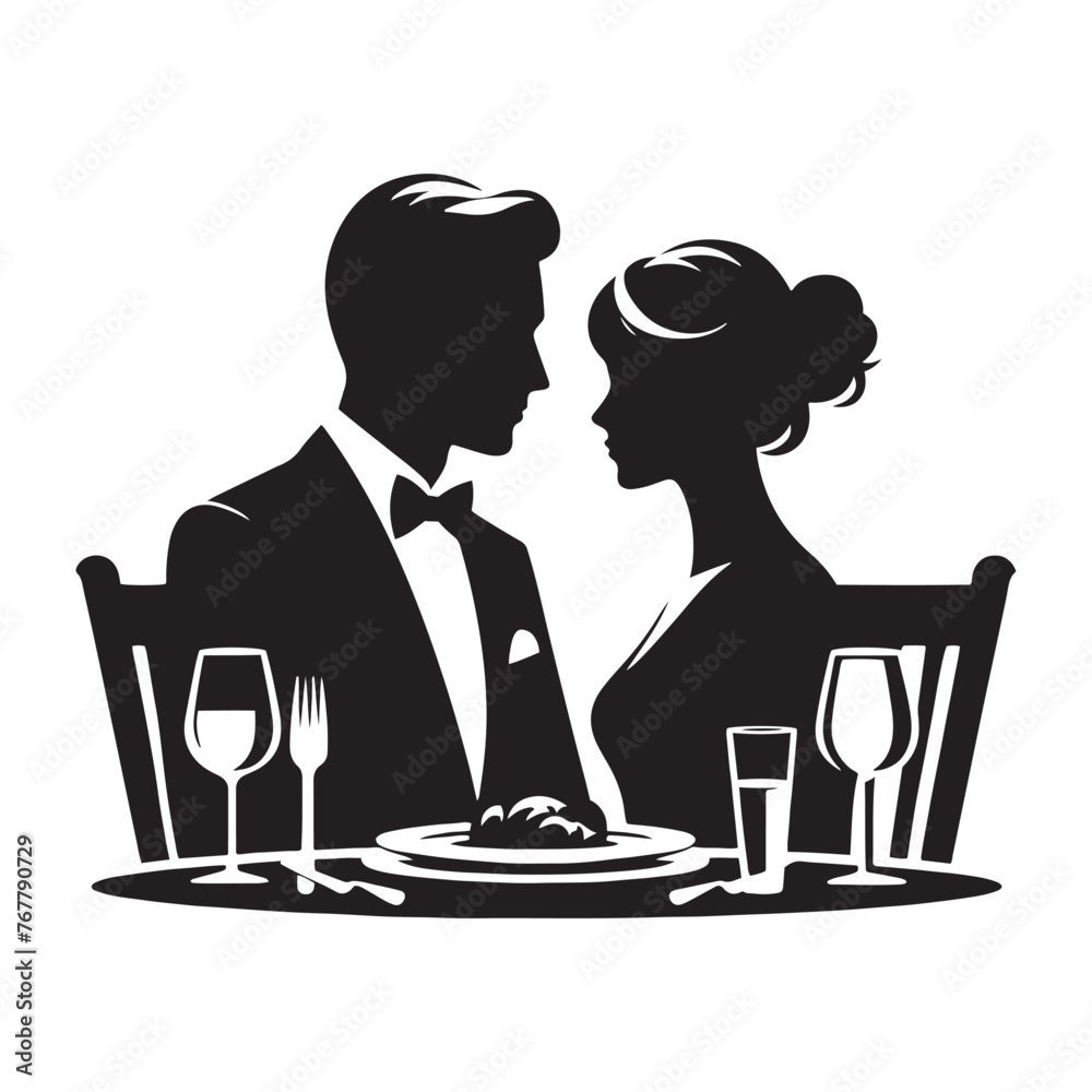 Vector Romantic Couple Dinner Silhouette: Intimate Dining Scene with ...