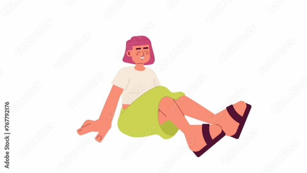 Relaxed woman in blowing wind 2D character animation. Chilling alone ...