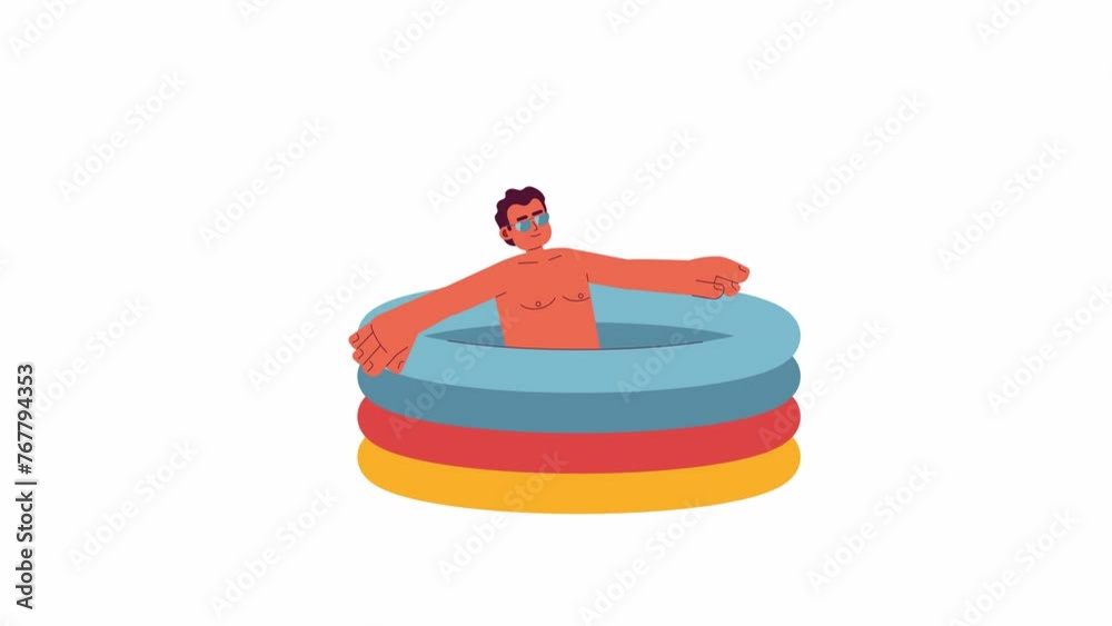Man chilling in inflatable pool 2D character animation. Enjoying summer ...