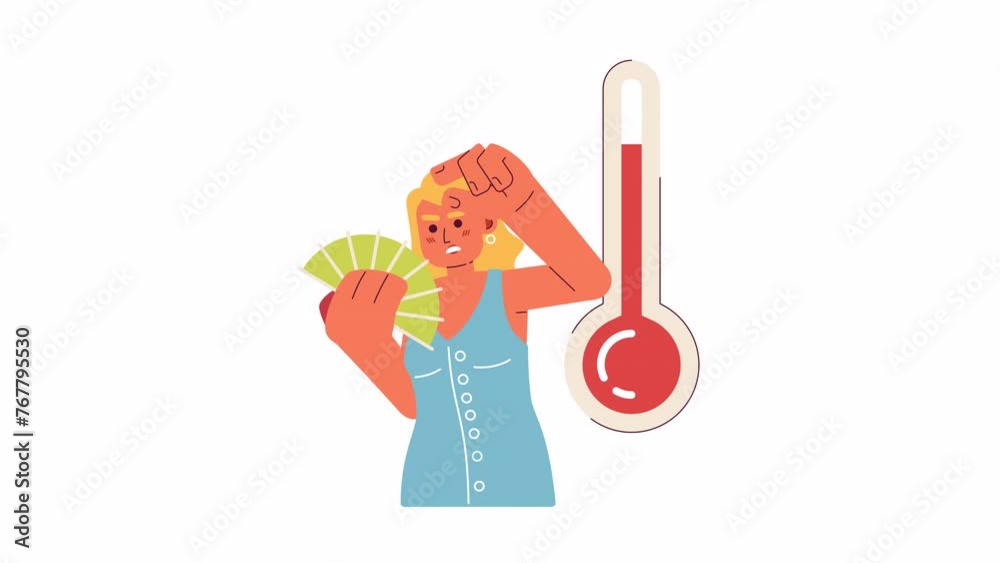 Exhausted woman suffering from heat 2D animation. High temperature ...