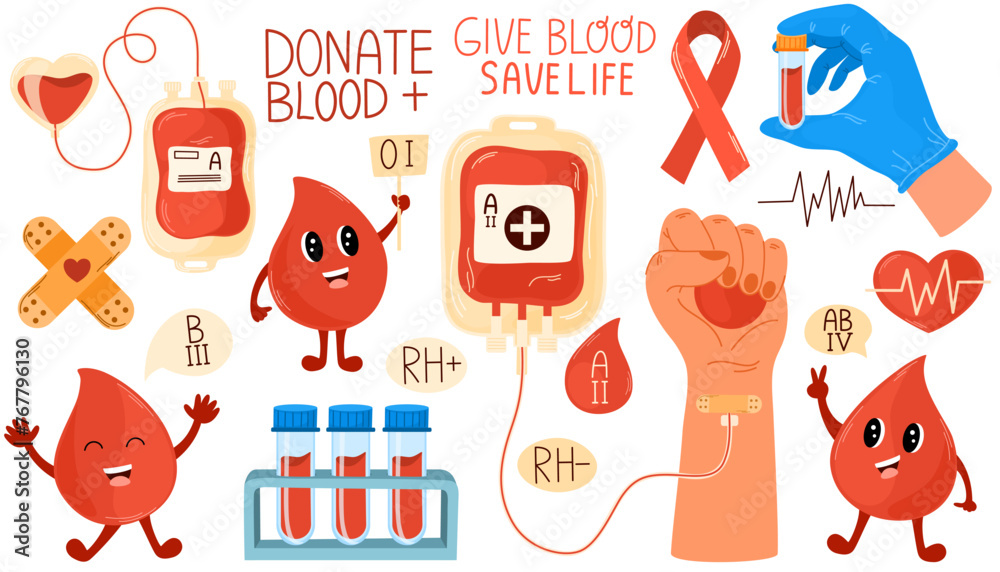 Blood donor stickers set, blood bag, hearts, cute blood drop, rh factor ...