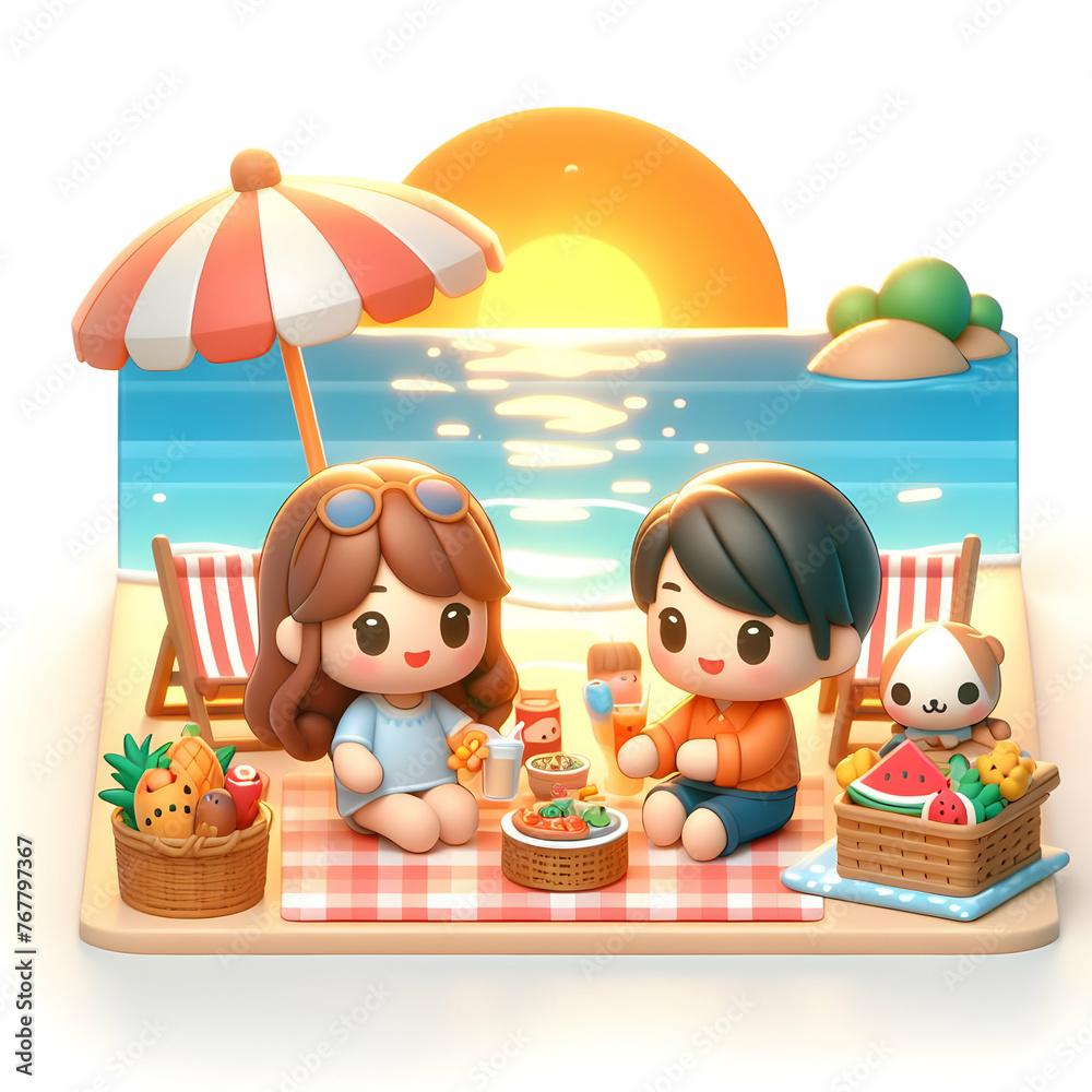 3D flat cute chibi icon for Family enjoying a beach picnic at sunset in ...