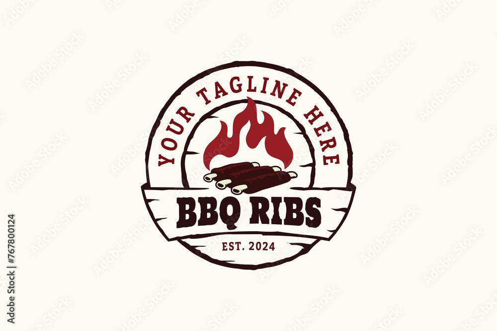 BBQ ribs logo with a combination of ribs, grill, flame and beautiful ...