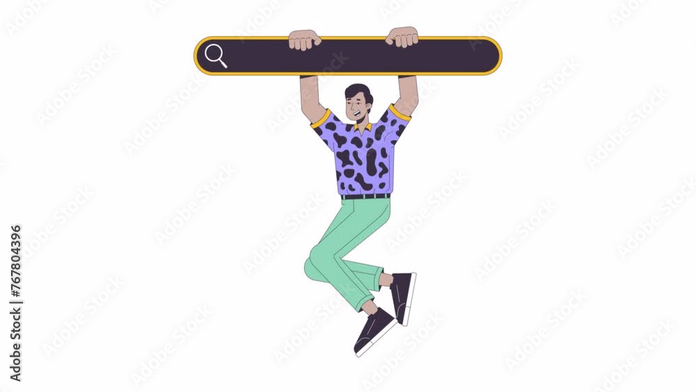 Vidéo Stock Web search engine using line 2D animation. Happy indian man ...