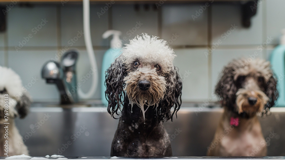Trio of poodles at various stages of the bathing process in a grooming ...