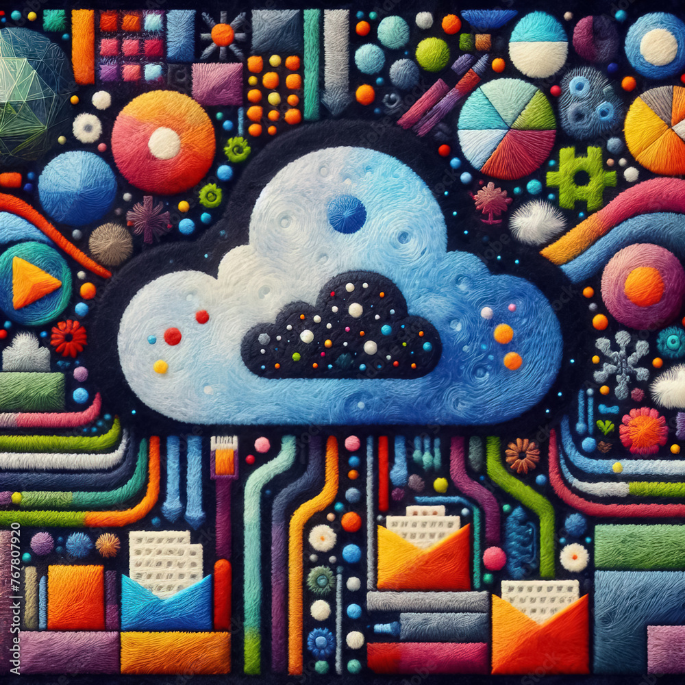 Felt art patchwork, Cloud computing concept, showcasing file upload and ...