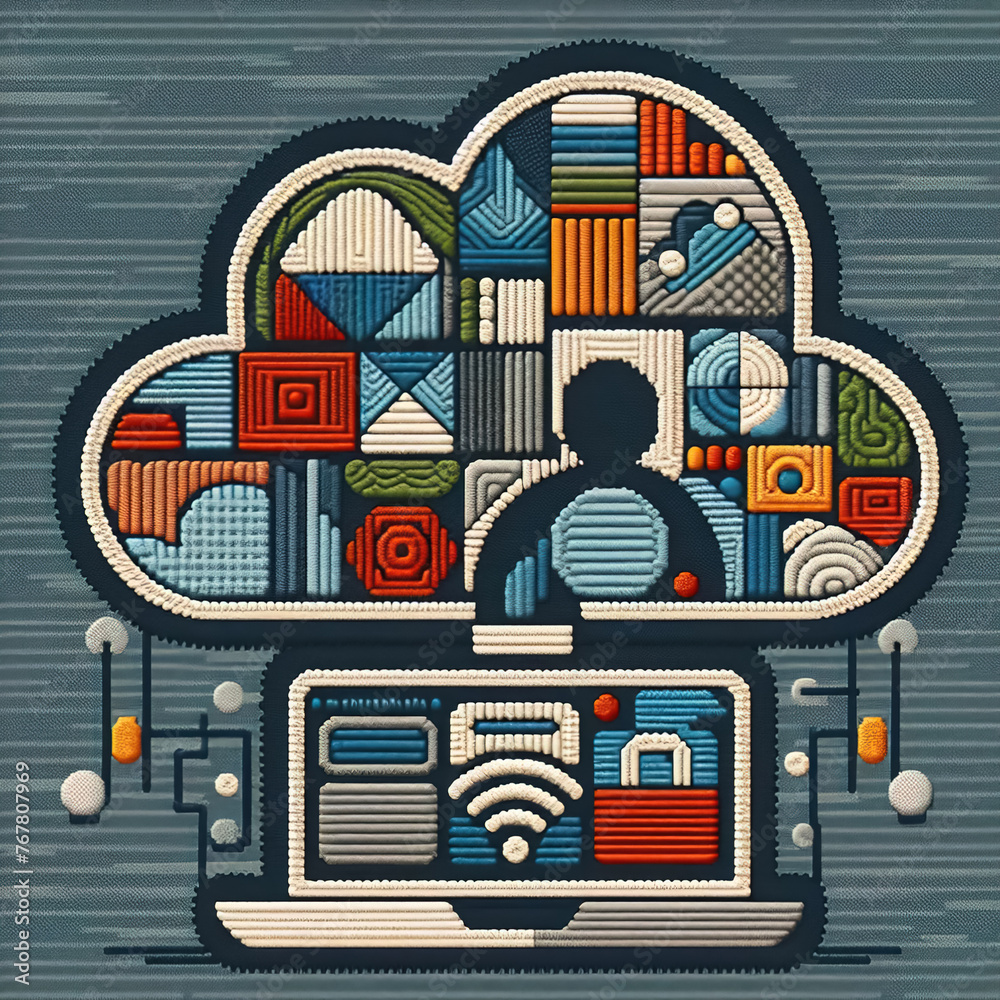 Felt art patchwork, Cloud computing concept, showcasing file upload and ...