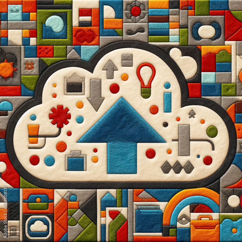 Felt art patchwork, Cloud computing concept, showcasing file upload and ...