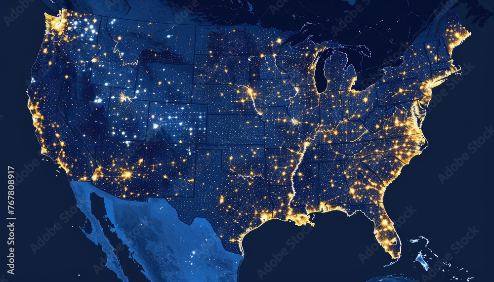 Illuminated USA map with a network of lights - Highly detailed map of ...