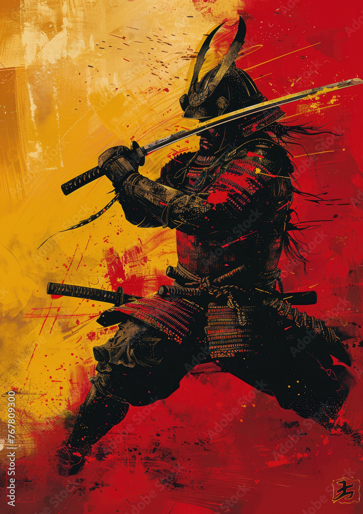 Red samurai action art with splatter backdrop - Intense image capturing ...