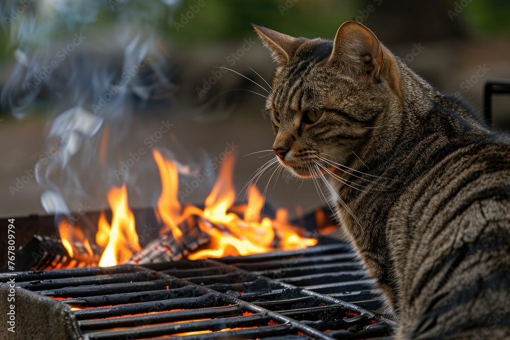 Tabby cat beside a warm backyard grill - A curious tabby cat observes ...