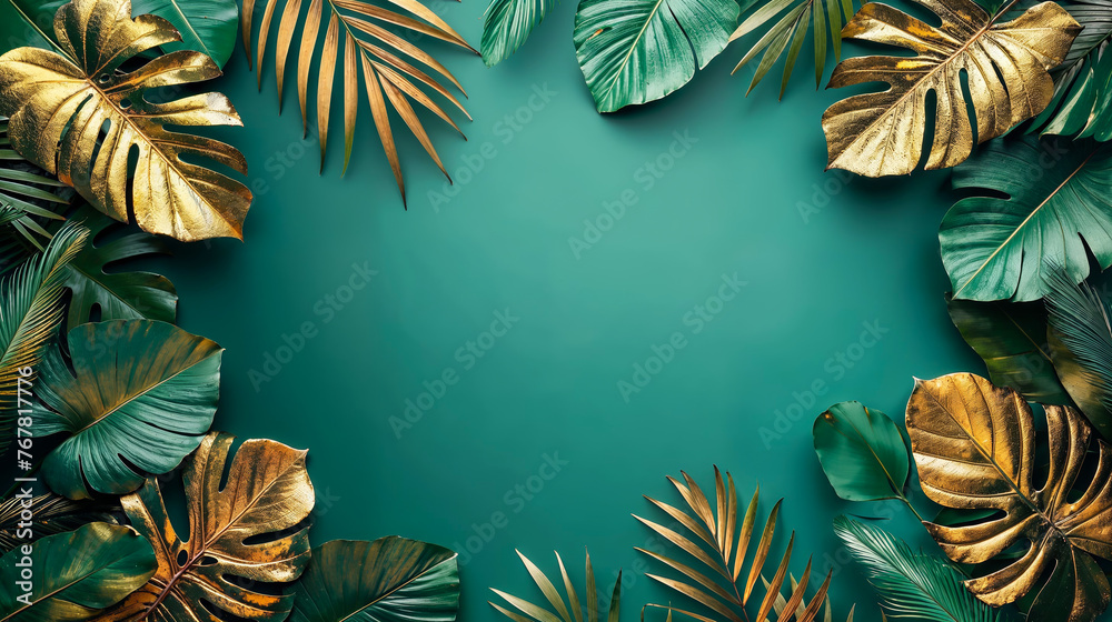fond vert encadré par des feuilles tropicales vertes et dorées avec ...
