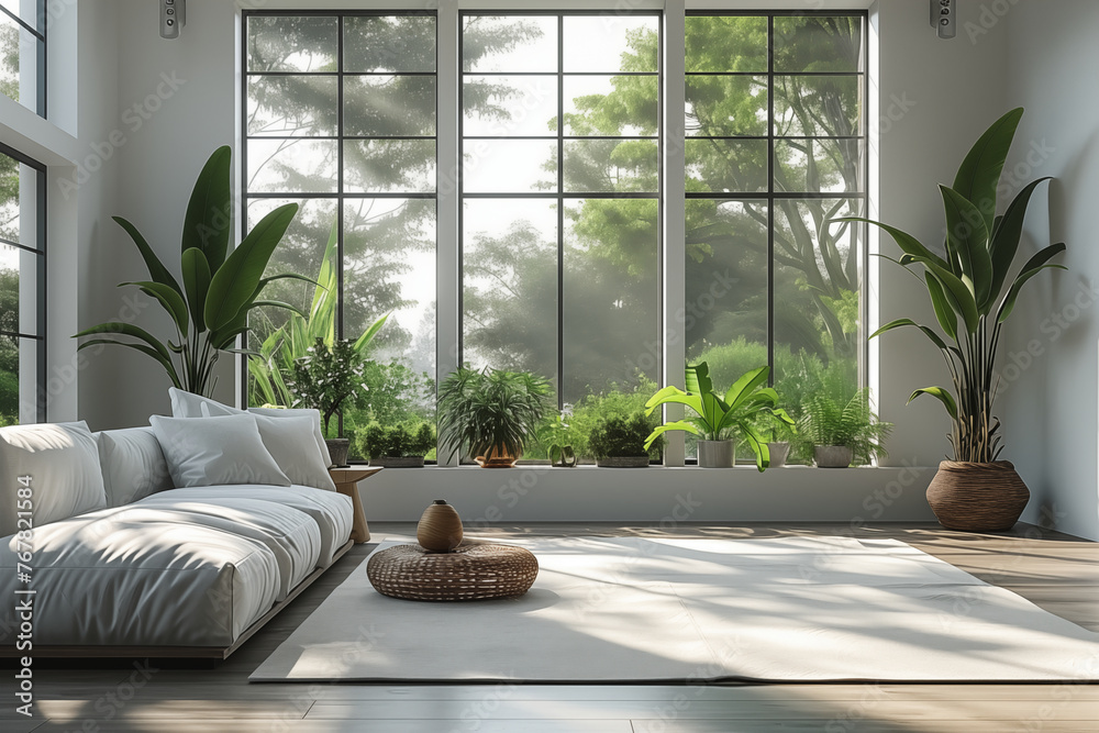 kamer met panoramische ramen waar u de levende natuur kunt zien en vol ...