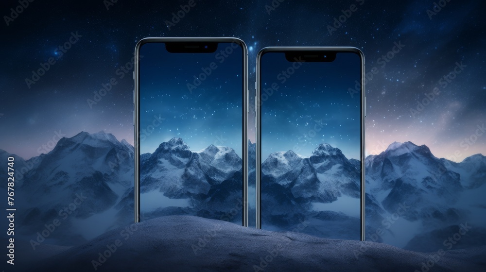 Two smartphones stand side by side, displaying a continuous, starlit ...