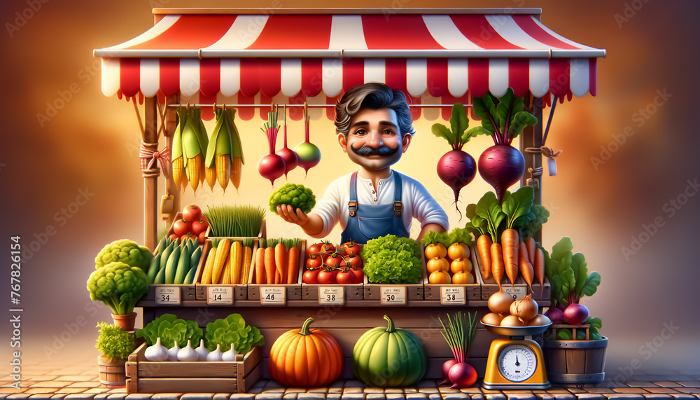 Digital Illustration of Colorful Market Stall: 3D Caricature Style with ...