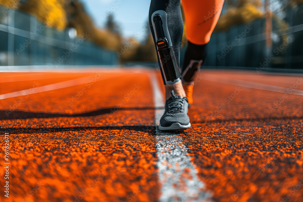 A determined runner with prosthetic legs sprinting along a track ...