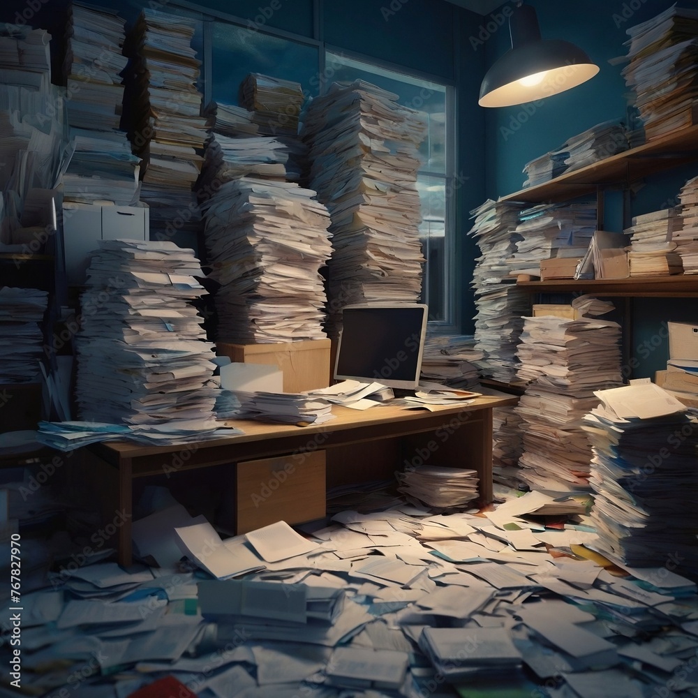 AI art depicts chaotic office scene, symbolizing workaholism and high ...