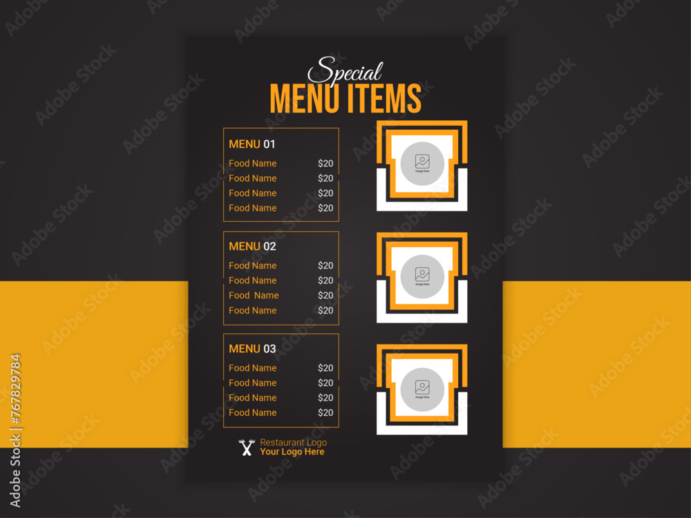 Foo Menu Design or Flyer Design Template in Dark Color, A4 Size ...