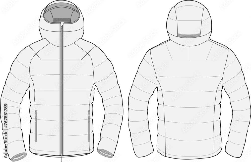 Hooded Puffer Jacket technical fashion Illustration. Full zip down ...