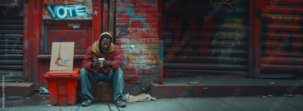Lonely homeless black man dressed old clothes sitting on the dirty ...