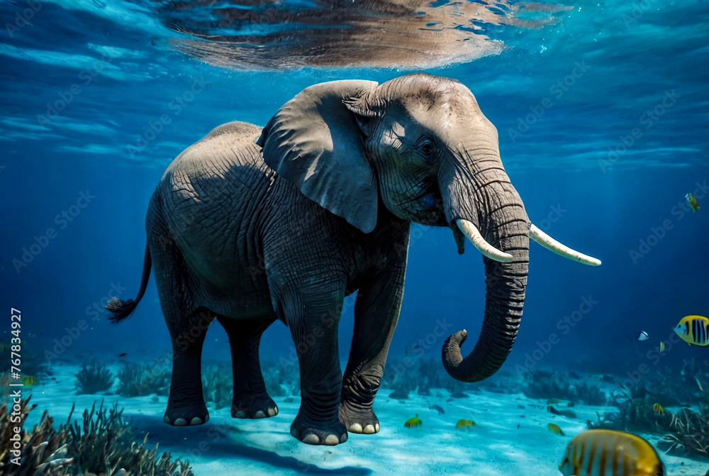 Generative Ai illustration of african elephant swimming blue underwater ...