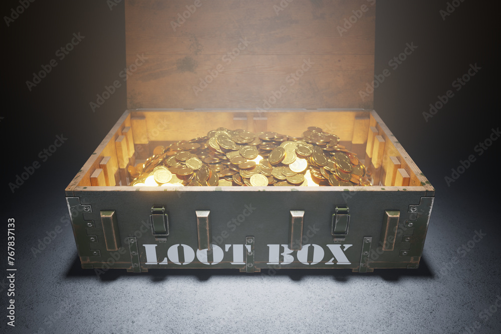 Exquisite Open Wooden Loot Box Overflowing with Shimmering Gold Coins ...