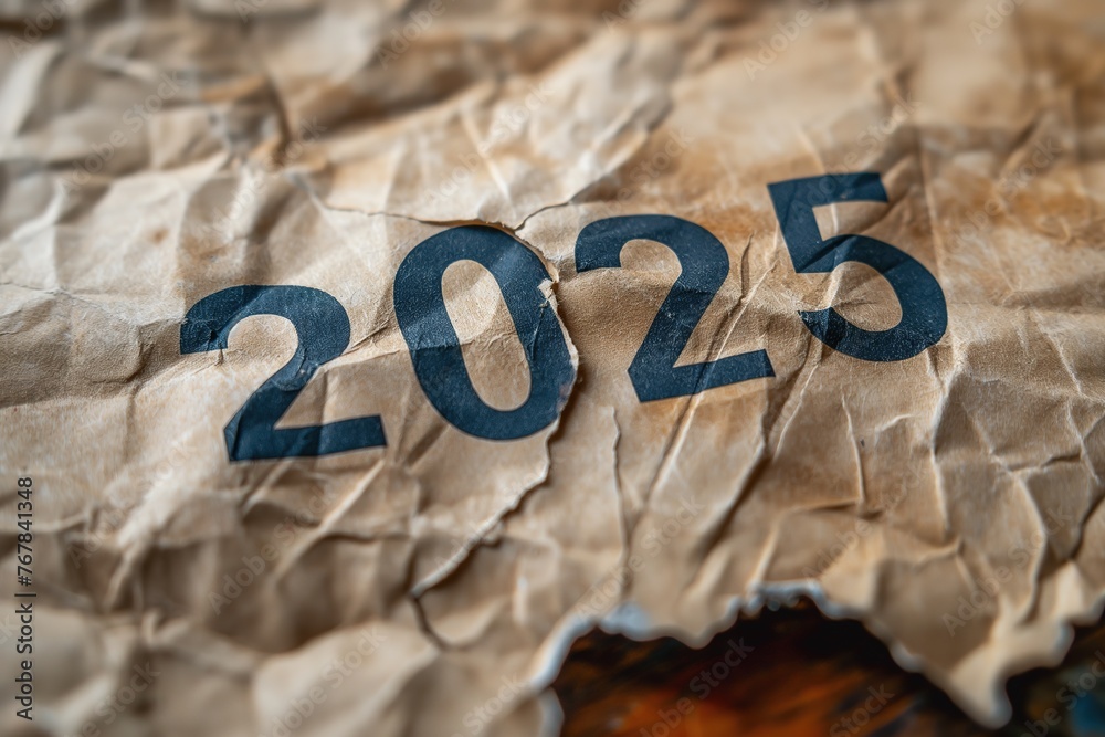 2025, new year on a torn sheet of paper, displaying numerical data and ...