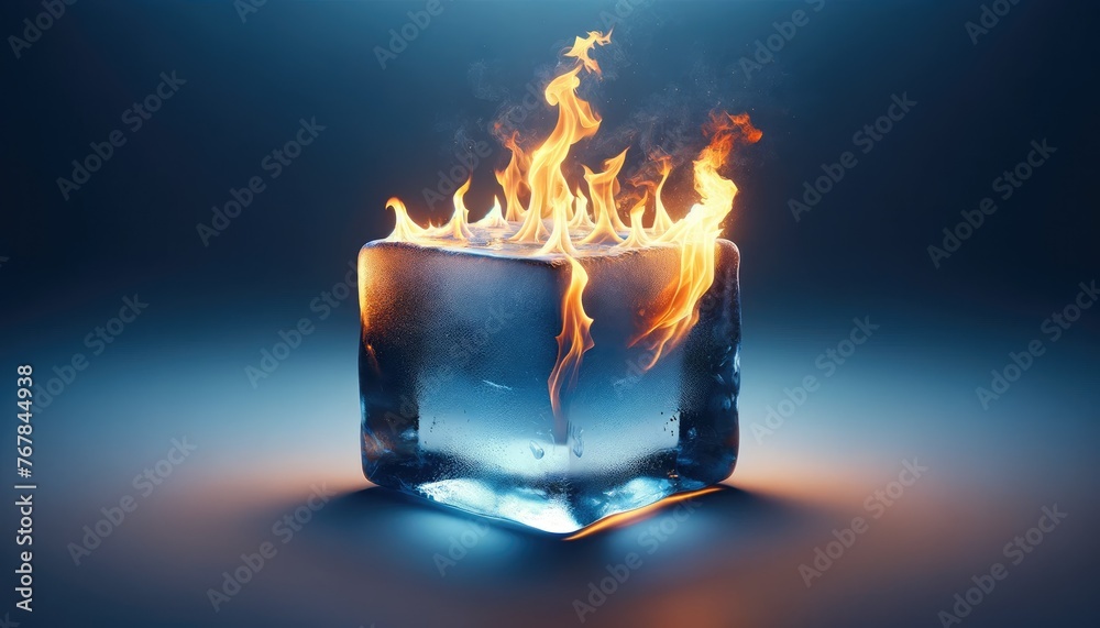 Ice cube on fire with blue background - A visually striking image of a ...