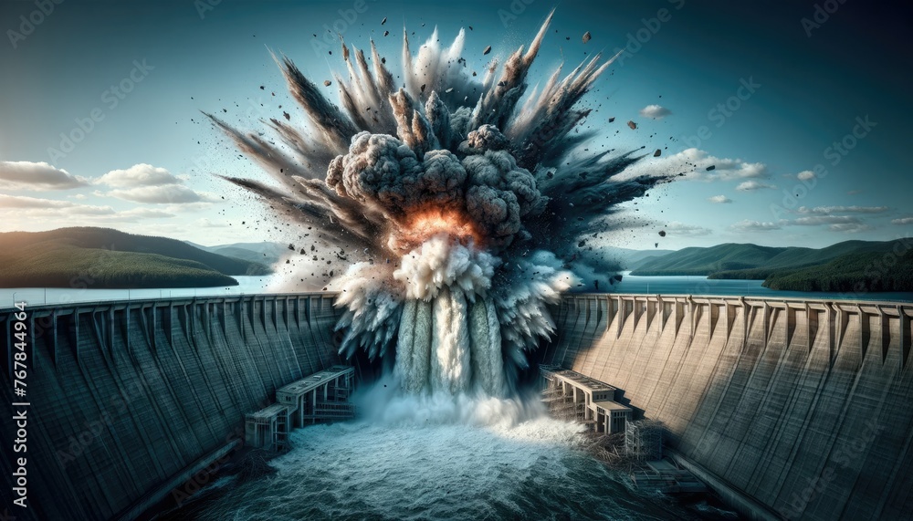 Explosion at hydroelectric dam artwork - A catastrophic explosion at a ...