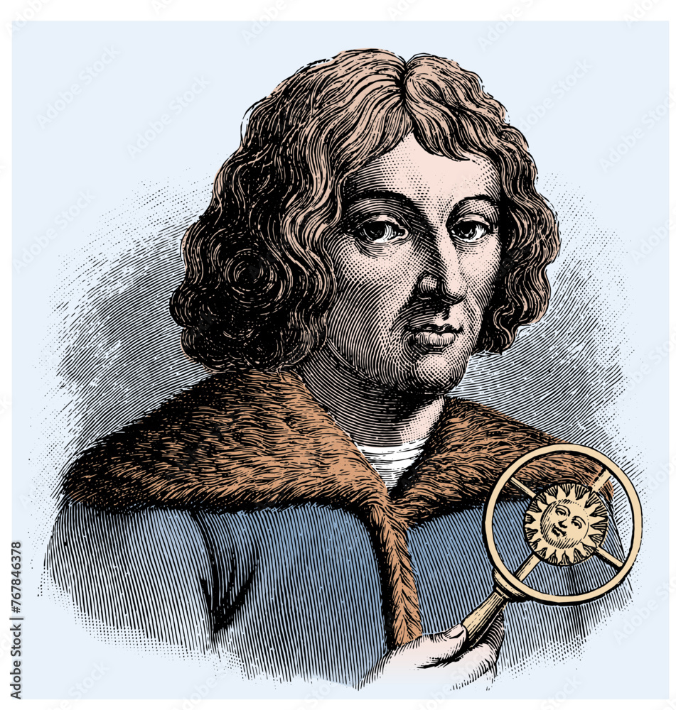 vector colored old engraving of Nicolaus Copernicus, engraving is from ...