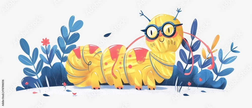 Cute caterpillar bookworm worm wearing glasses embracing and hugging a ...