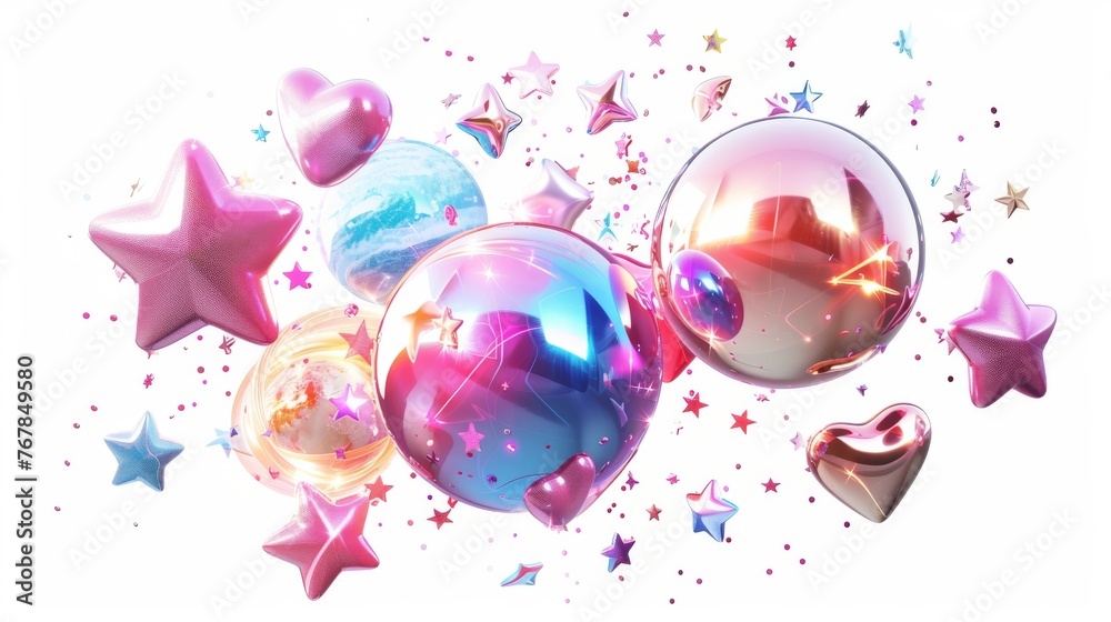 A 3D Render of 3d chrome planets with stars and hearts in a futuristic ...