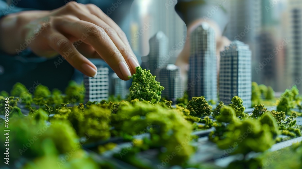 Woman modeling sustainable green city concept with eco friendly white ...